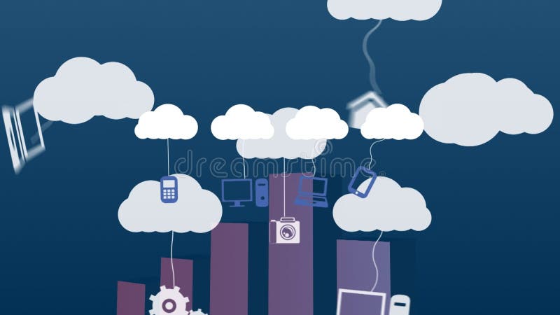 Animation of Clouds with Technology Icons Over Graphs on Blue ...