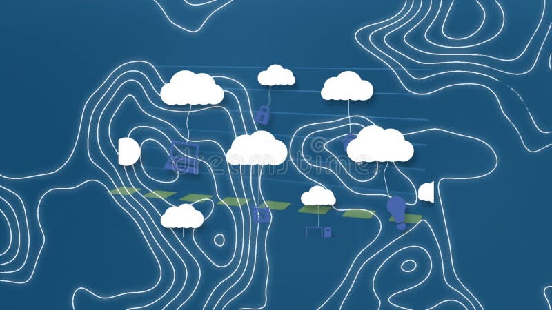 Animation of Clouds with Technology Icons Over Graphs and Isohypses on ...