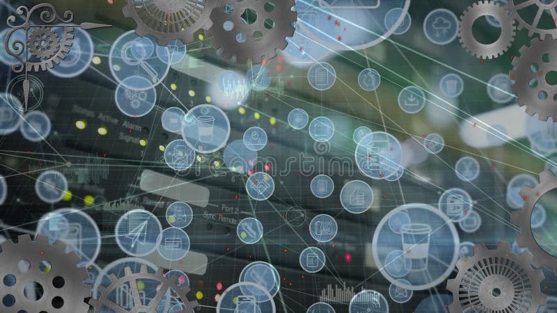 Animation of Cogs and Network of Connections with Icons Over Modern ...