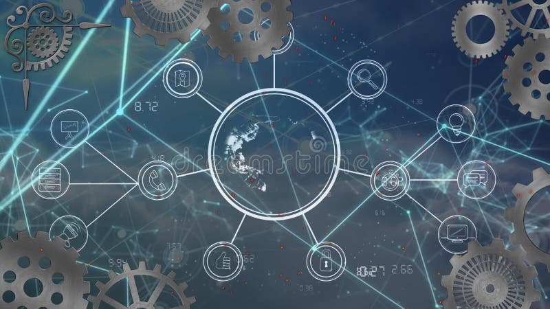 Animation of Cogs Spinning and Network of Connections with Icons Stock ...