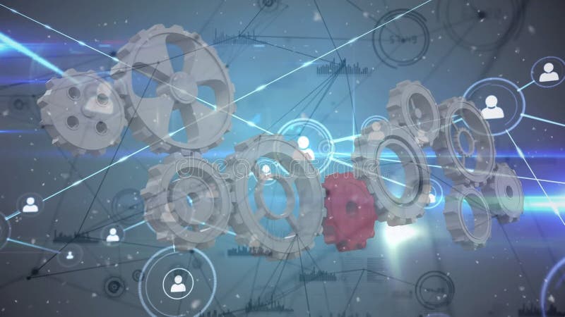 Animation of Cogs Spinning and Network of Connections with People Icons ...