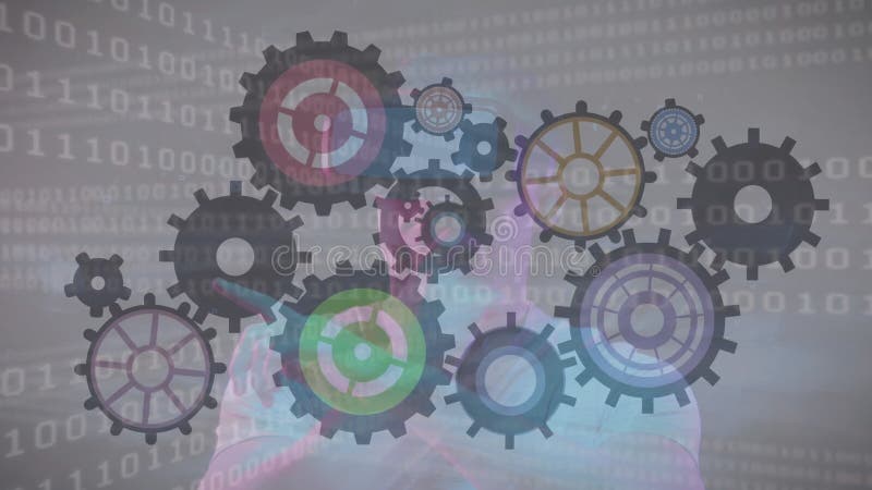 Animation of Cogs Spinning Over Binary Coding and Man Wearing Vr ...