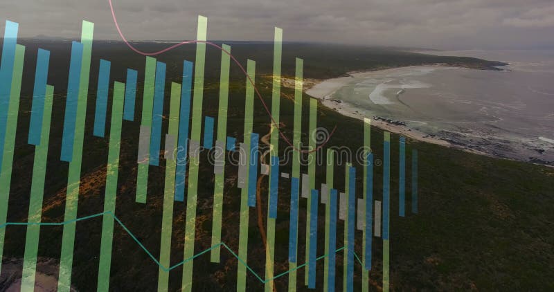 Animation of Colorful Data Graphs Overlaying Aerial View of Coastal ...
