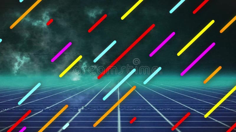 Animation of Colourful Diagonal Lines Moving Over Grid and Blue Smoke ...