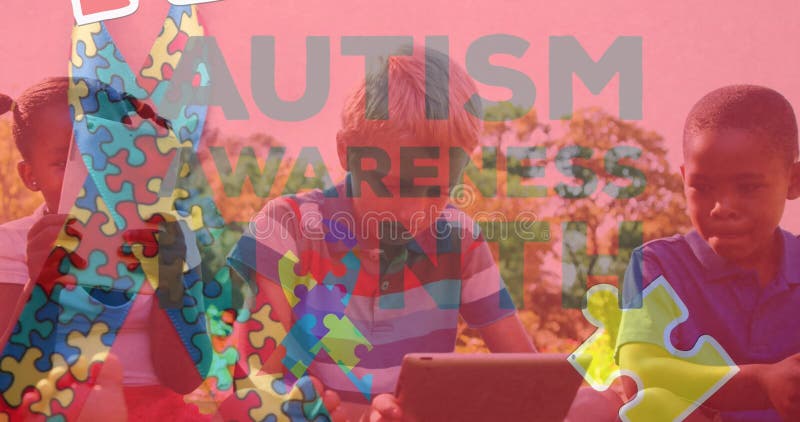 Animation of Colourful Puzzle Pieces and Autism Text Over Children ...