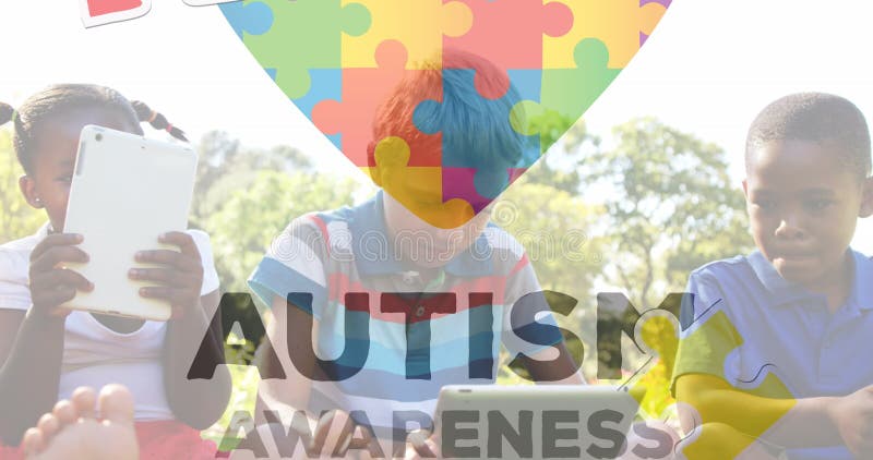 Animation of Colourful Puzzle Pieces and Autism Text Over Kids Friends ...