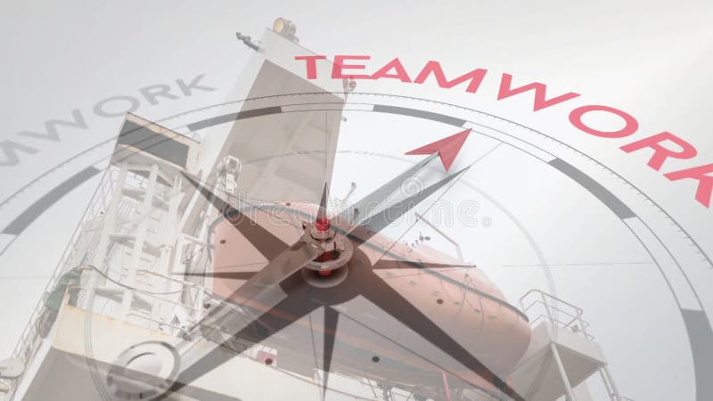 Animation of Compass with Arrow Pointing To Teamwork Text Over Ship ...