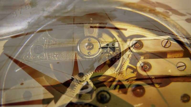 Animation of Compass Moving Over Spinning Clockwork and World Map Stock ...