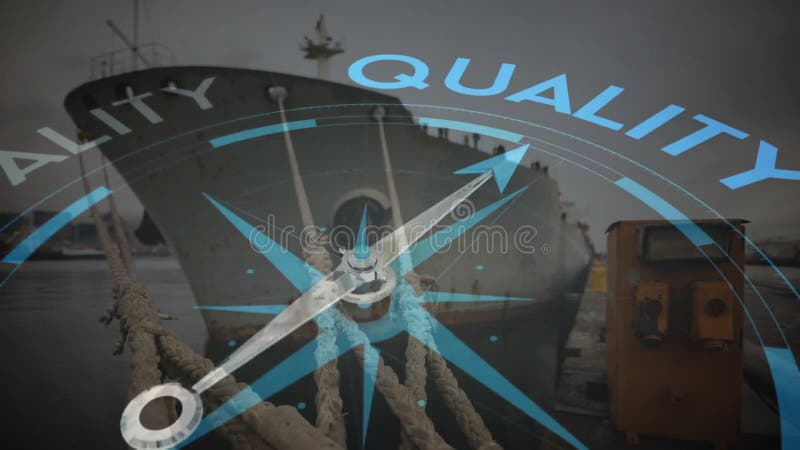 Animation of Compass Spinning and Quality Text Over Shipyard Stock ...