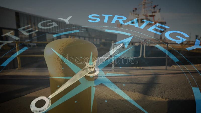 Animation of Compass Spinning and Strategy Text Over Shipyard Stock ...
