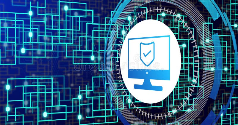 Animation Of Computer Circuit Board With Data Processing And Digital Icon With Security Shield