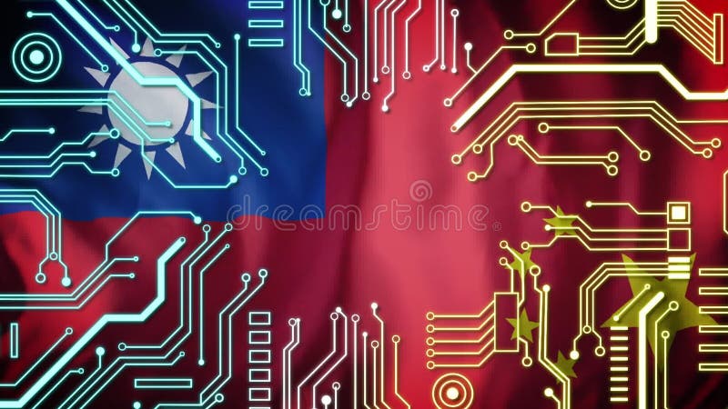 Animation of Computer Circuit Board and Data Processing Over Flag of ...