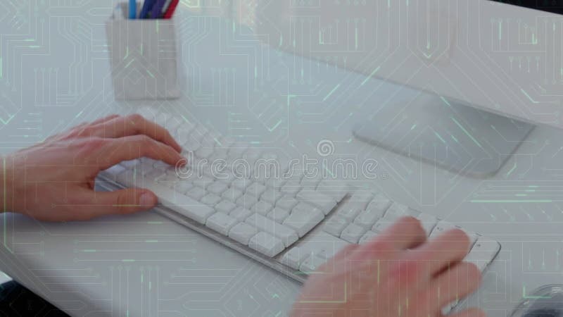 Animation Of Computer Circuit Board Over Caucasian Man Typing On