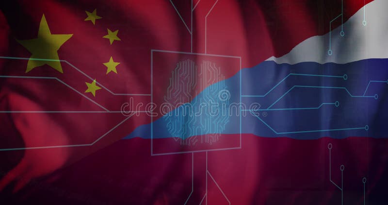Animation of Computer Circuit Board Over Flag of Russia and China Stock ...
