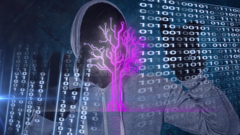 Animation of Computer Circuit Board Over Hacker and Data Processing on Blue Background Stock ...
