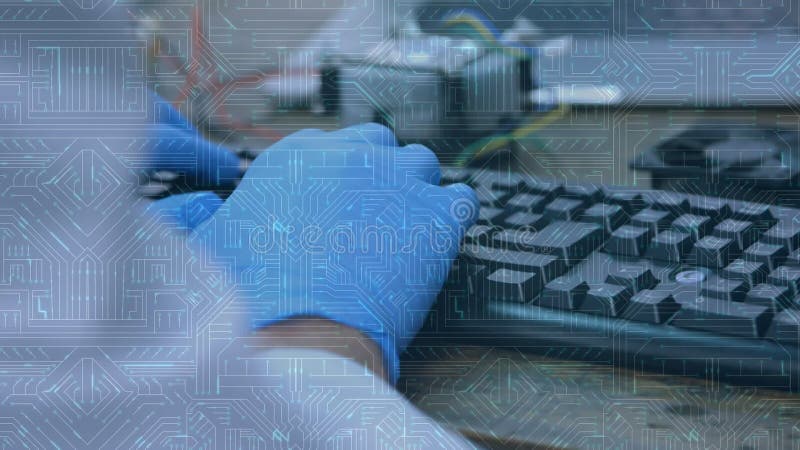 Animation of Computer Circuit Board Over Scientist in Gloves Using ...