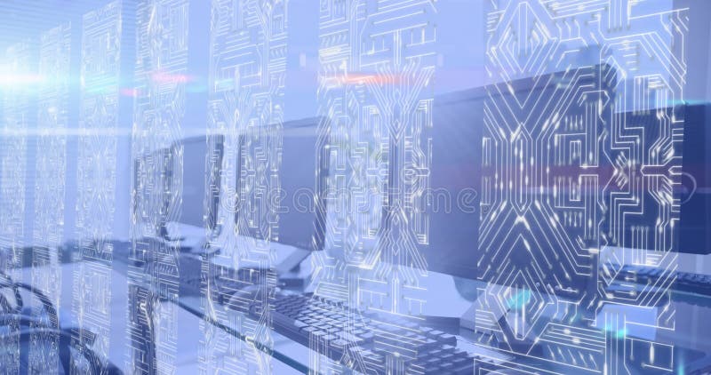 Animation of Computer Circuit Boards Over Computers in Empty Office on ...