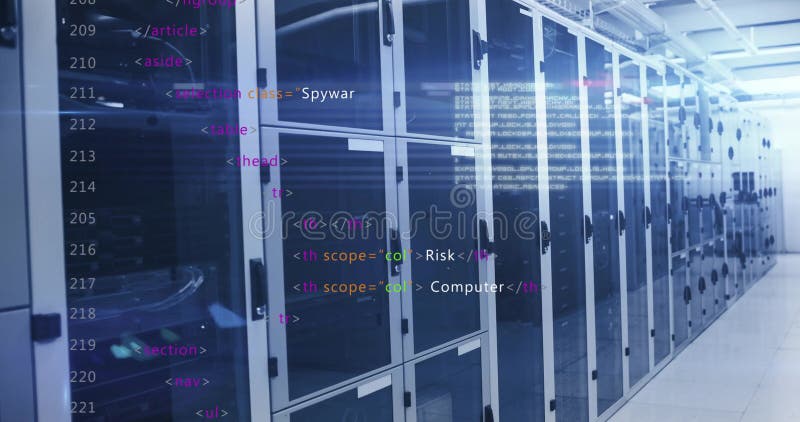 Animation Of Computer Code Overlaying Server Racks In Data Center