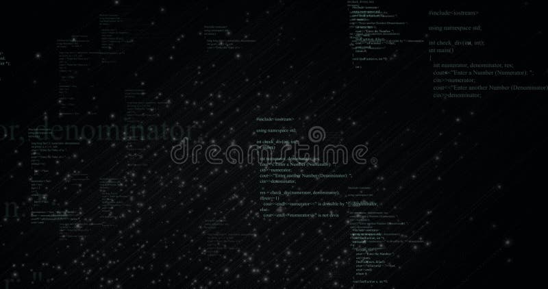 Animation of Computer Code and Text Floating Over Glowing Particles ...