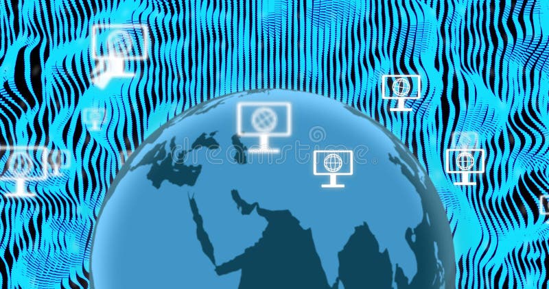 Animation of Computer with Globe Icons Over Globe and Blue Light Trails ...