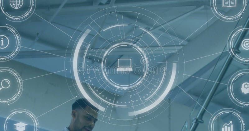 Animation of Computer Icon in Circles, Diverse Coworkers Talking while ...