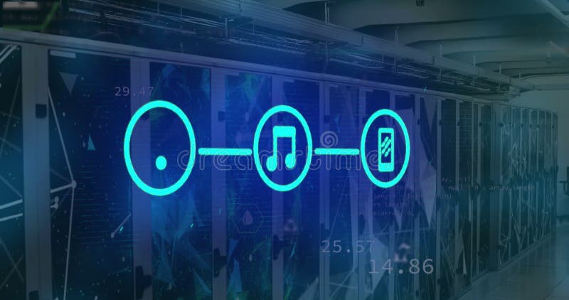 Animation of Computer Icons and Connections Over Computer Servers Stock ...