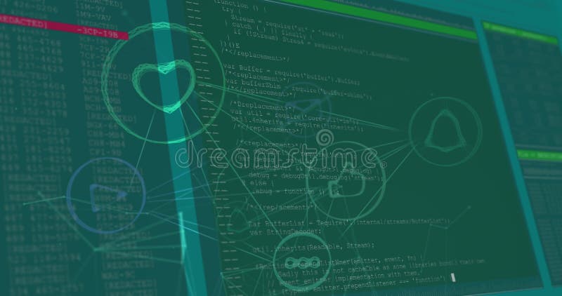 Animation Of Computer Icons Interconnecting With Lines Against Computer Language Stock Video