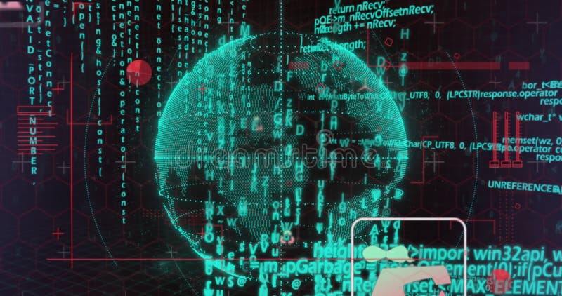 Animation of Computer Icons Over Computer Language Against Globe on ...