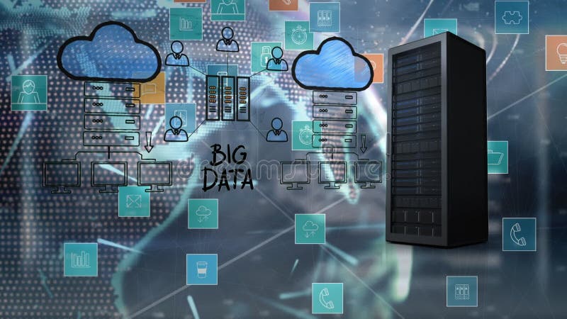 Animation of Computer Icons Over Server and World Map Stock Footage ...