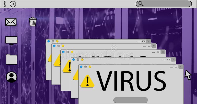 Animation of Computer Icons and Virus Texts Over Server Room Stock ...