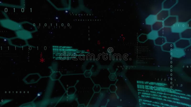 Animation of Computer Language and Binary Codes with Molecule Structures Over Black Background ...