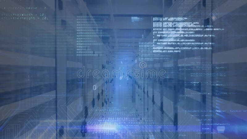 Animation of Computer Language and Binary Codes Over Lens Flares Against Server Room Stock Video ...