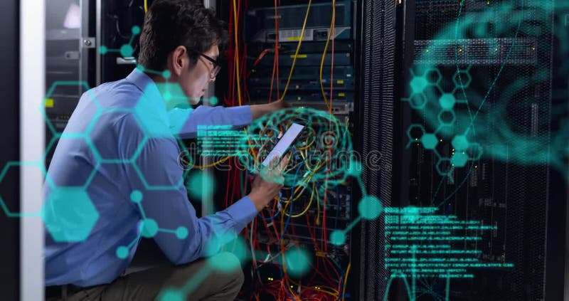 Animation of Computer Language, Brains Over Asian Man Checking Data ...