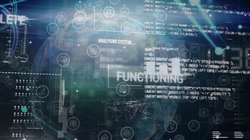 Animation of Computer Language and Connected Dots Over Icons Around Globe on Abstract Background ...