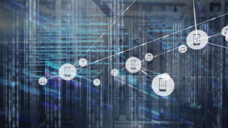 Animation of Computer Language and Connected Icons Over Server Rack in ...