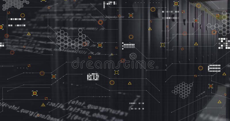 Animation of Computer Language, Geometric Shapes, Circuit Board Pattern Over Server Room Stock ...
