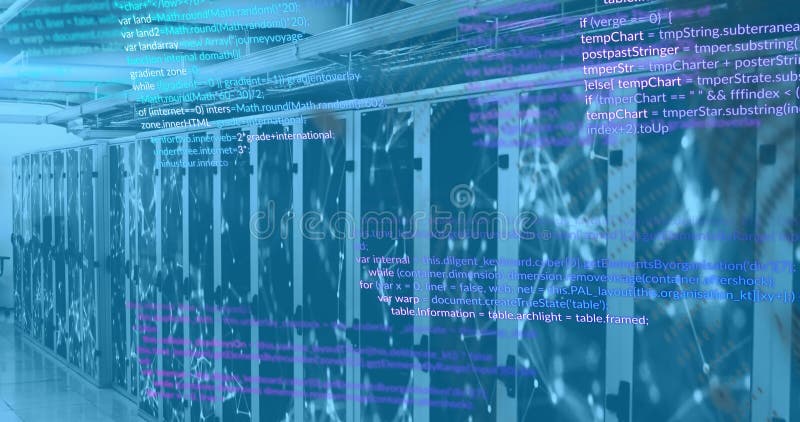 Animation Of Computer Language Globe And Connected Dots Over Server