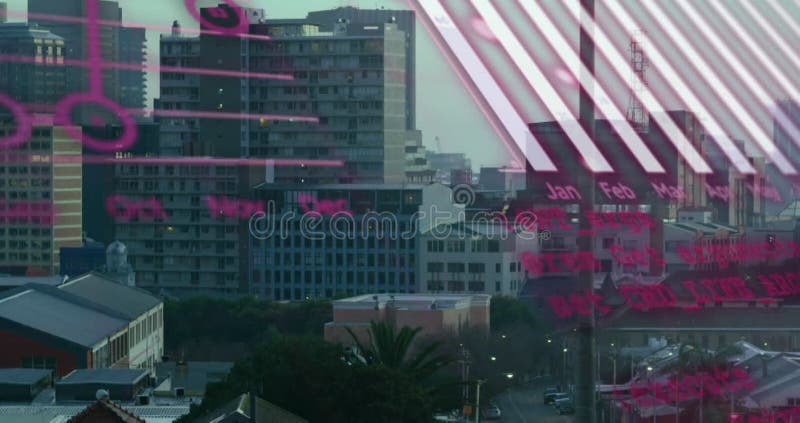 Animation Of Computer Language Globe Graphs Loading Circles Over Aerial View Of Modern