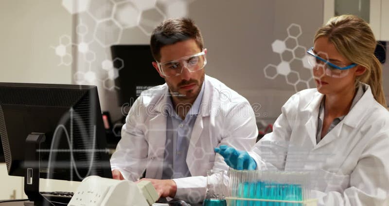 Animation of Computer Language, Hexagon Patterns Over Caucasian Scientists Doing Research in Lab ...
