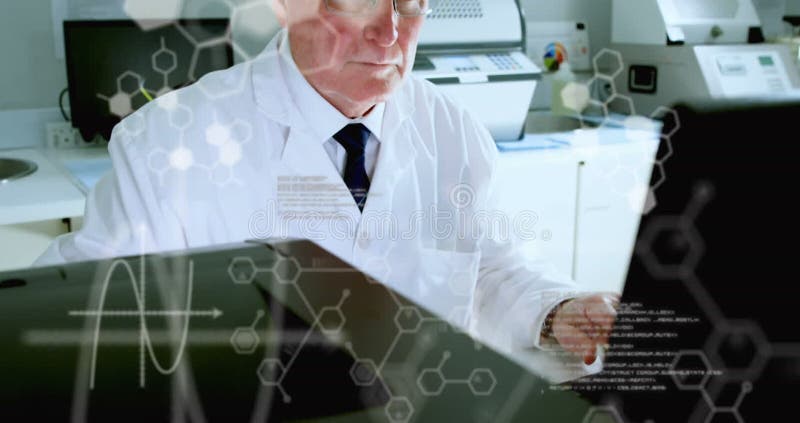 Animation of Computer Language, Hexagon and Symbols Over Caucasian Scientist Working on Computer ...