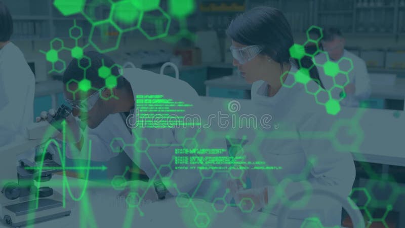 Animation of Computer Language, Hexagons, Diverse Scientists Examining Sample Using Microscope ...