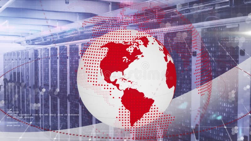 Animation of Computer Language, Lines and Dots Around Rotating Globe Over Server Room in ...