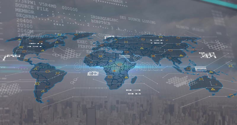 Animation of Computer Language and Map Over Modern Cityscape Against ...