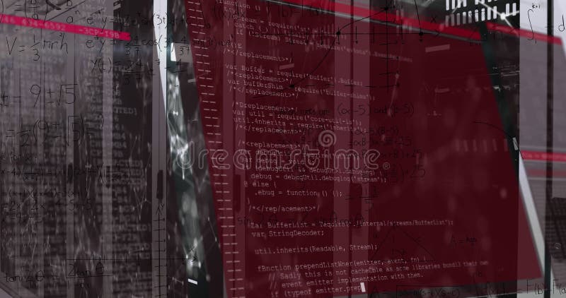 Animation Of Computer Language And Mathematical Equation Over Connected Dots On Server Room