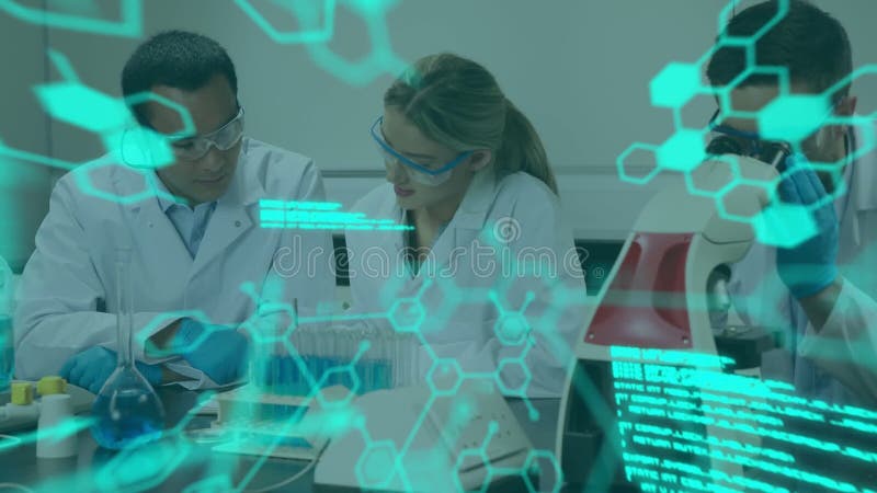 Animation of Computer Language, Molecule Structures, Caucasian Researchers Examining Dna Helix ...