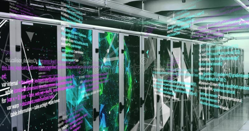 Animation of Computer Language Over Globe and Connected Dots on Data Server Systems Stock ...