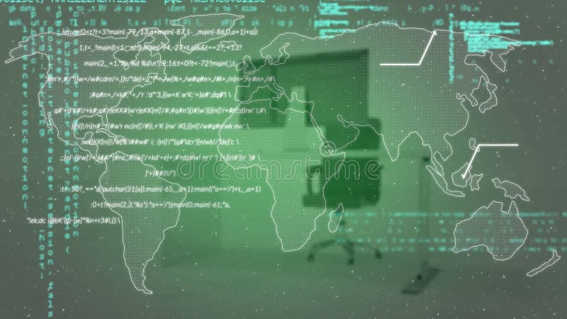 Animation of Computer Language Over Map Against Unoccupied Chair and ...