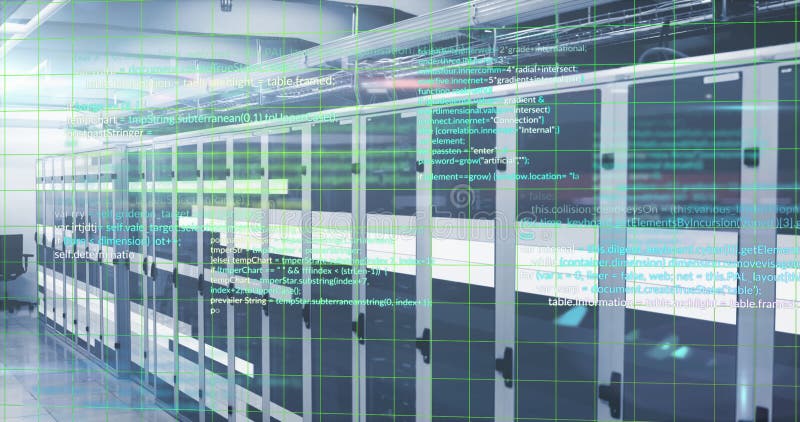 Animation Of Computer Language Over Moving Bars On Data Server Racks In