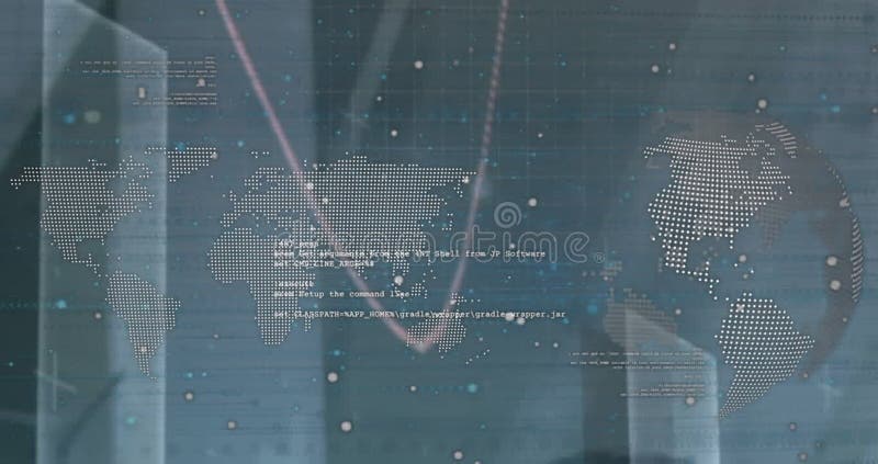 Animation Of Computer Language Over Multiple Graphs Numbers Against Map And Globe In Background