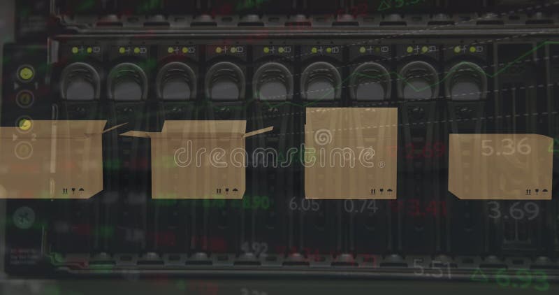 Animation of Computer Server with Data Processing Over Cardboard Boxes ...
